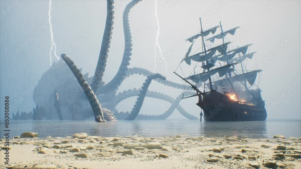 During a raging storm and tempest, a colossal Kraken, a medieval ship's ...