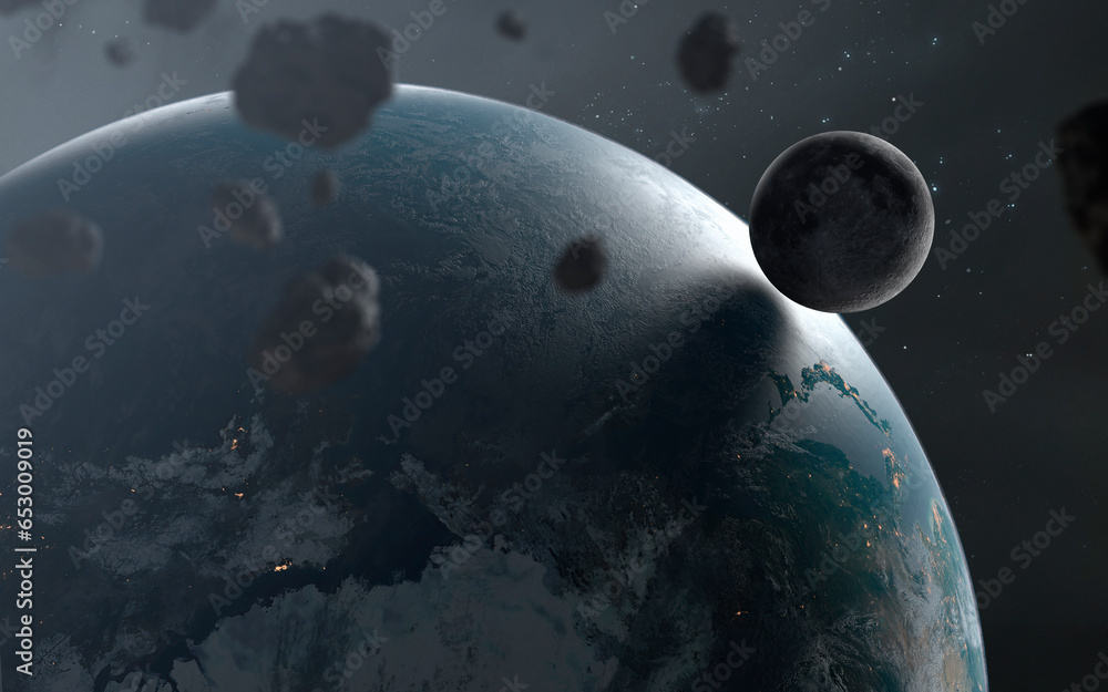 3D illustration of Moon impacts Earth planet. Global disaster. Elements ...