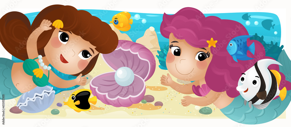 Cartoon ocean and the mermaid in underwater kingdom swimming with ...