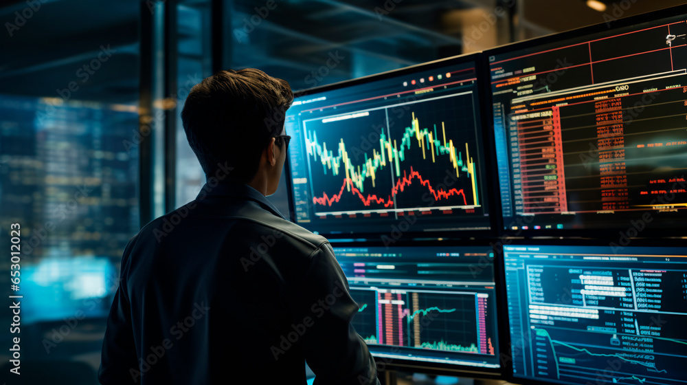 Trader on a stock exchange floor, using AI-powered algorithms and ...