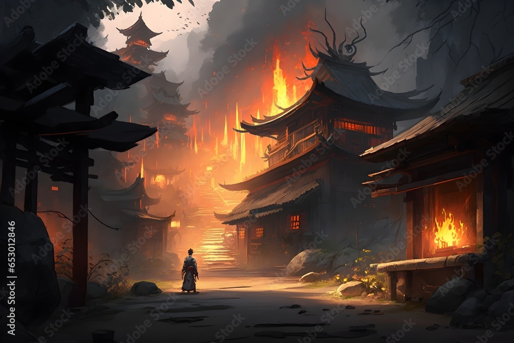 japanese medieval village on fire village far away concept art game ...