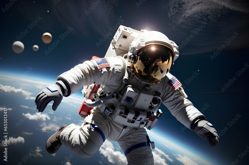 Astronaut in space flying on the moon, Planet Earth from the far in the ...