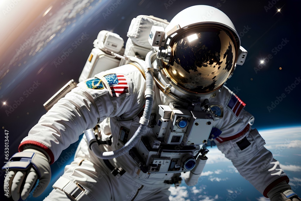 Astronaut in space flying on the moon, Planet Earth from the far in the ...