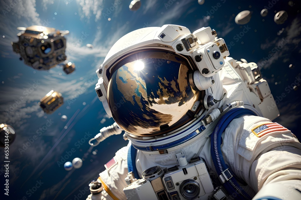 Astronaut in space flying on the moon, Planet Earth from the far in the ...
