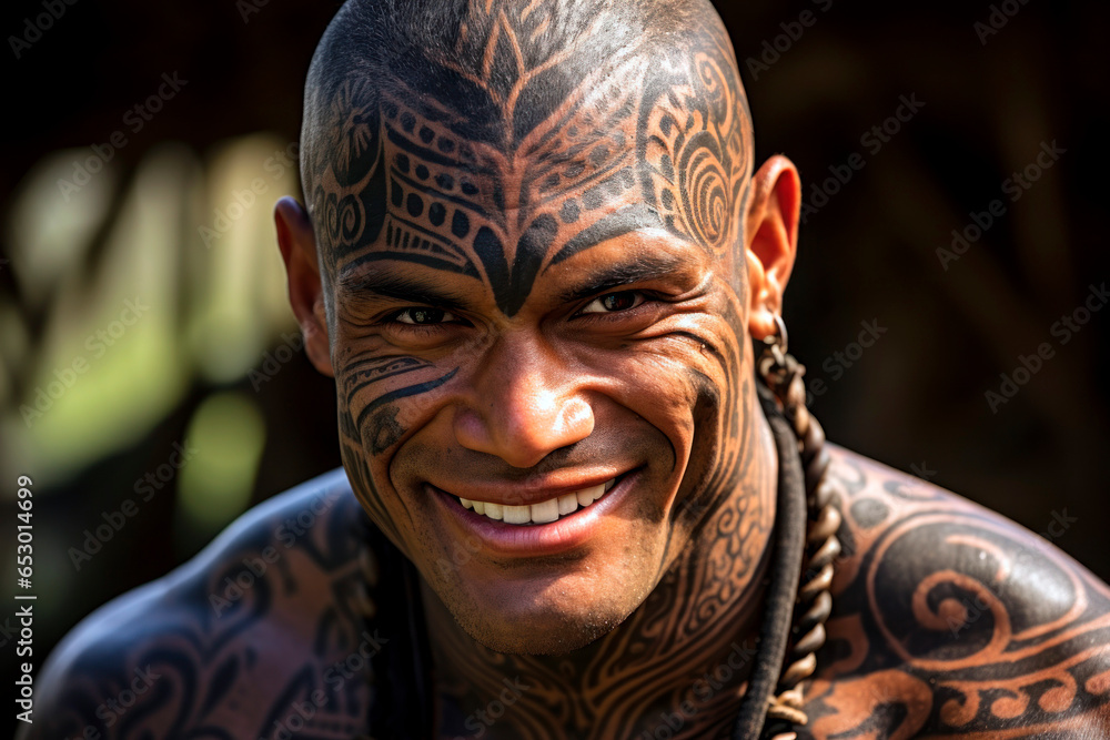 Polynesian man’s face, tattoos accentuating his features, his eyes ...