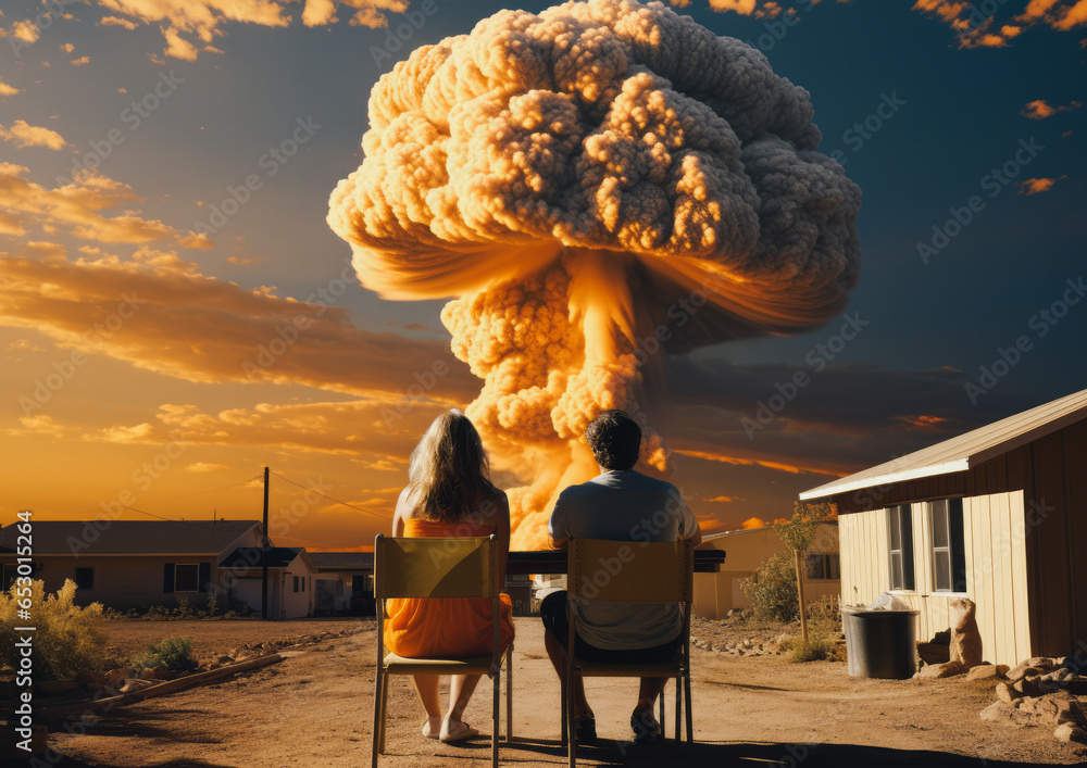 Man and woman turned back sitting at their backyard table and looking ...