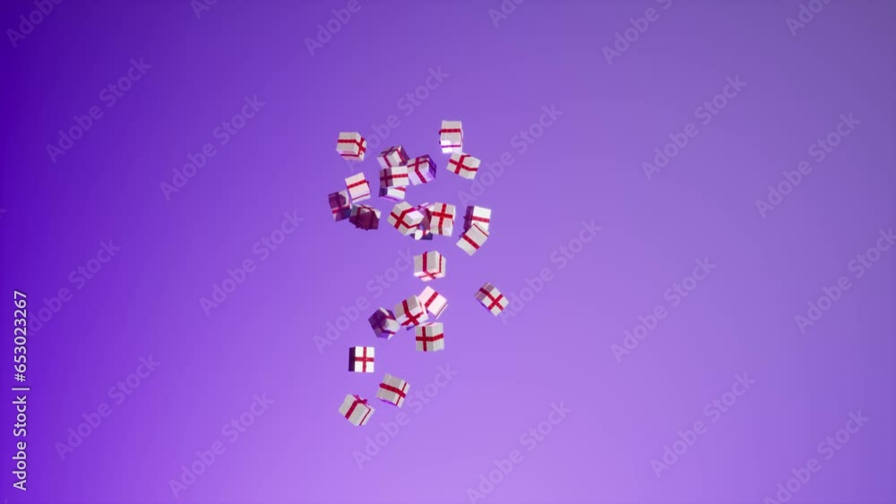 throwing gifts into the air on a purple background towards . The camera ...