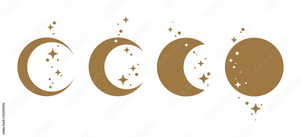 A set of gold moon and sparkling starlight illustrations of various ...