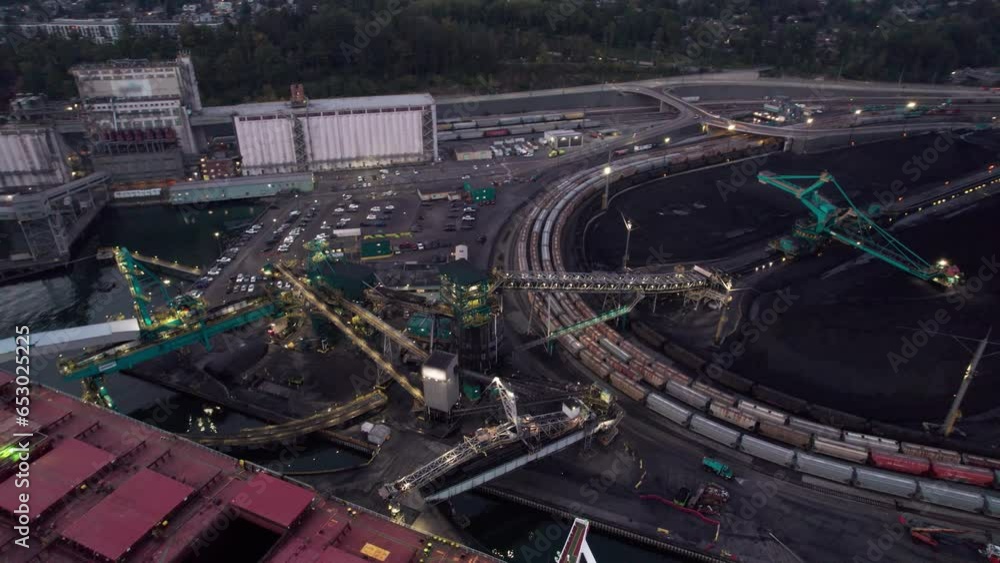 Rotary shovel at coal pile loading freight vessels at bulk shipping ...