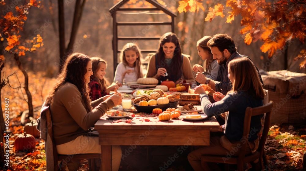 Capture the warmth and tradition of a Thanksgiving feast, focusing on a ...