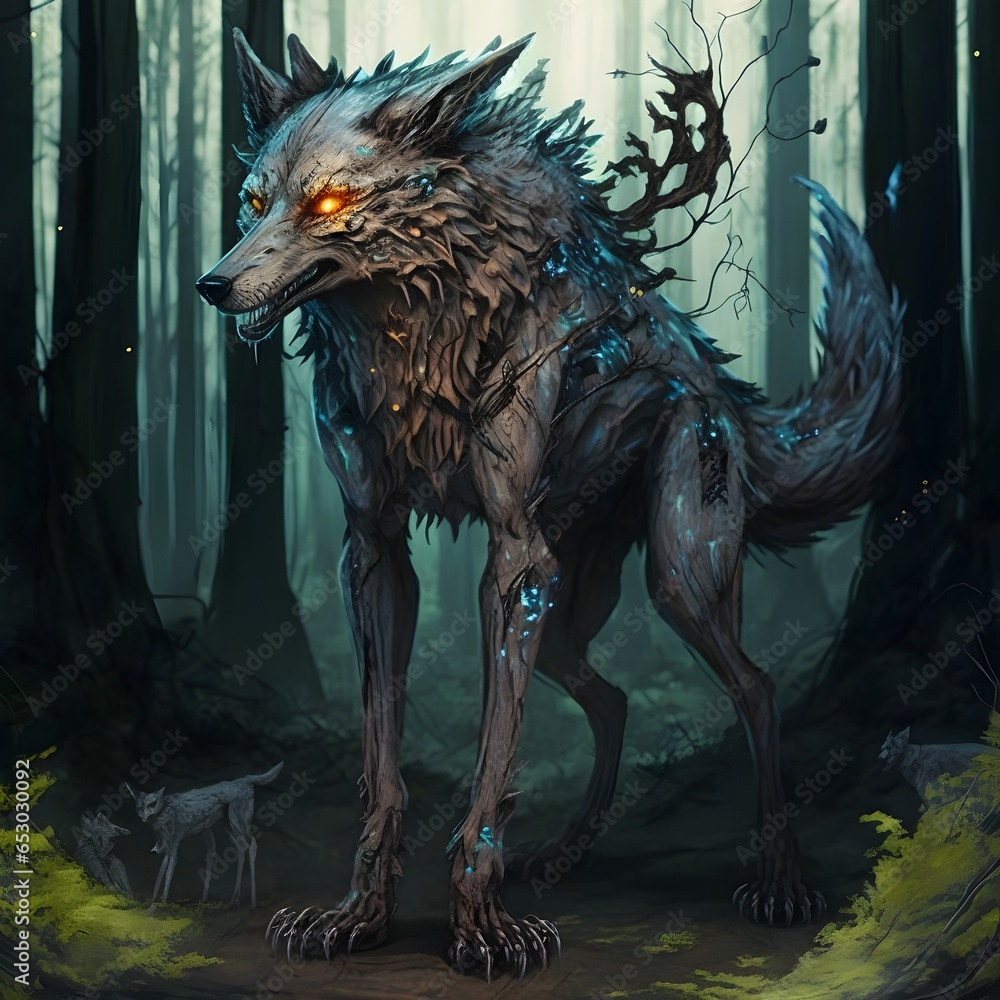 full body picture of a starving malnutritioned deranged scary dire wolf ...