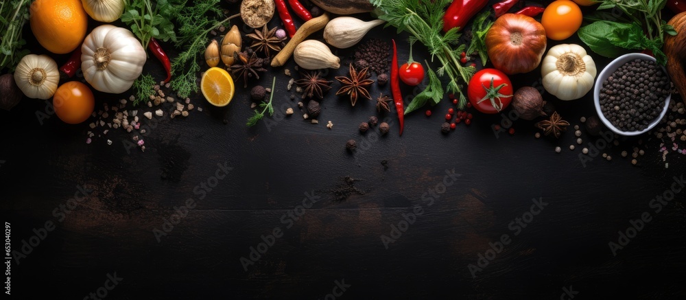 Cooking ingredients displayed on black stone table with spices herbs ...
