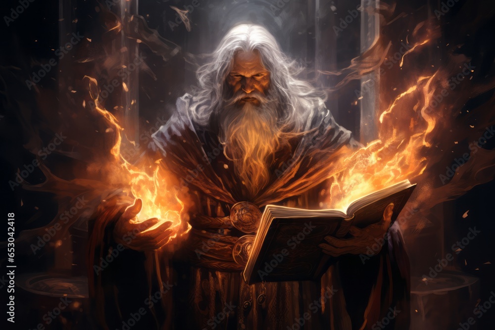 a drawing illustration of a old fire magic wizard man with long grey ...