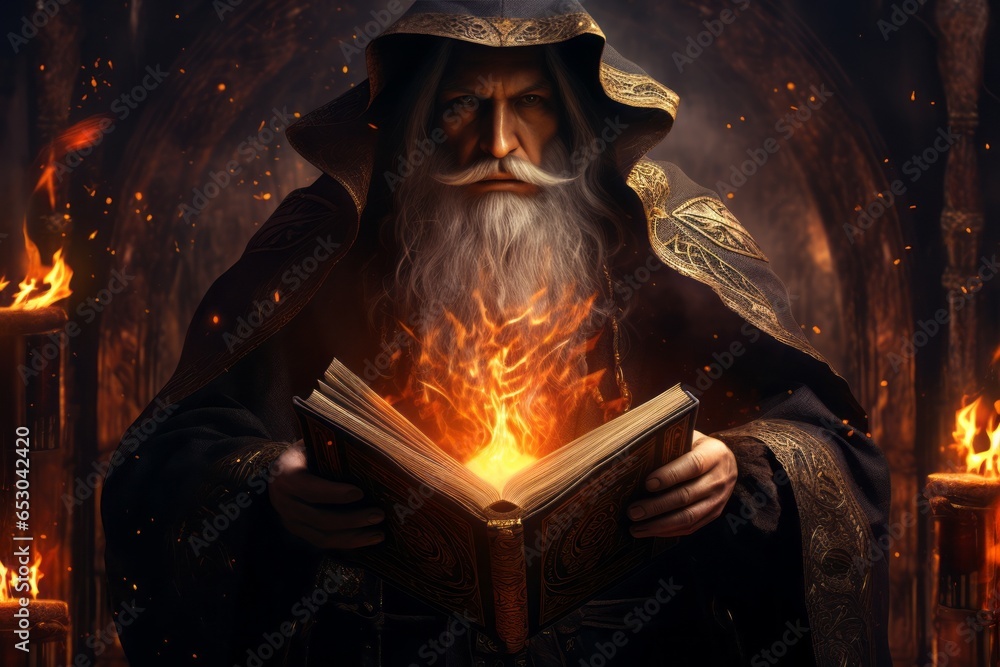 a drawing illustration of a old fire magic wizard man with long grey ...