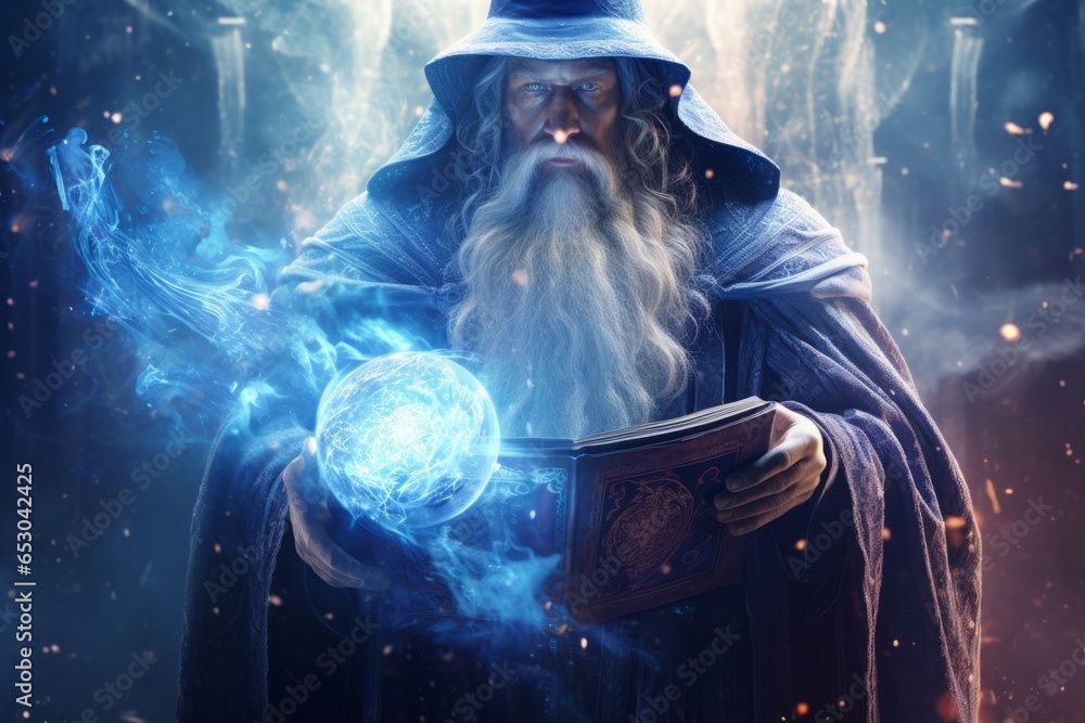 a drawing illustration of a old ice magic wizard man with long grey ...