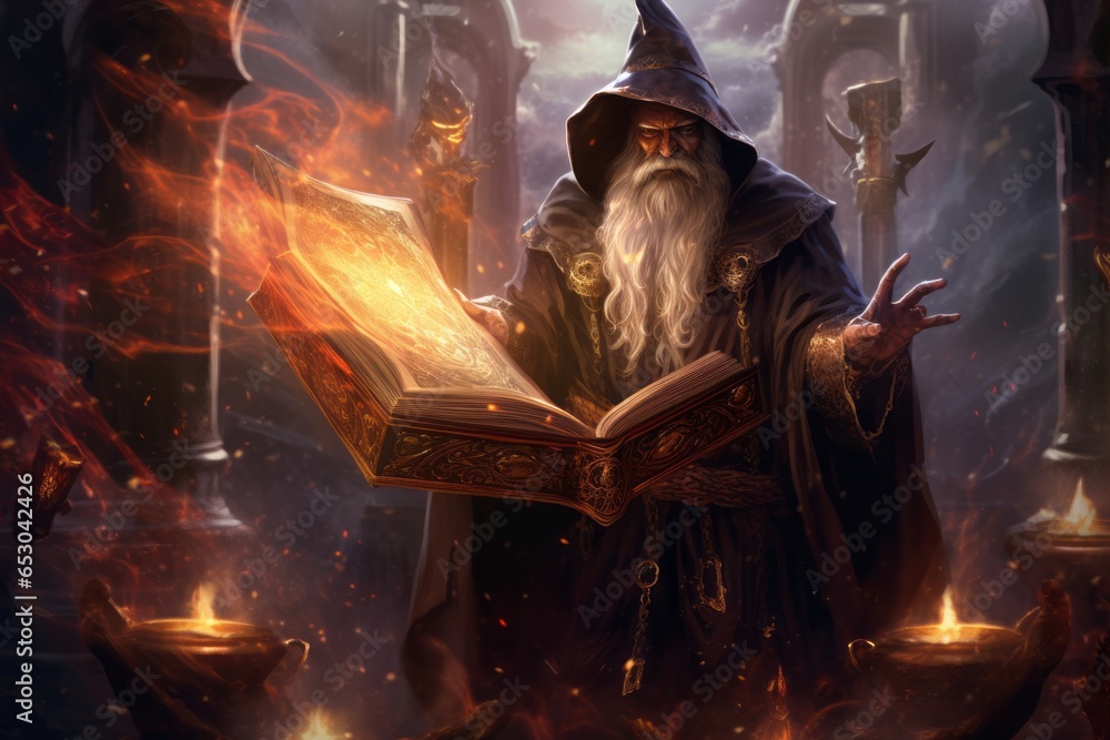 a drawing illustration of a old fire magic wizard man with long grey ...