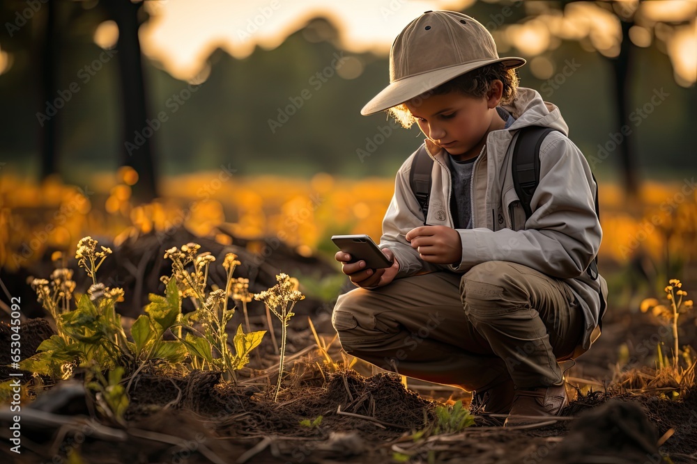 Kids explore nature. Child hike in sunny summer park. Scout club and ...