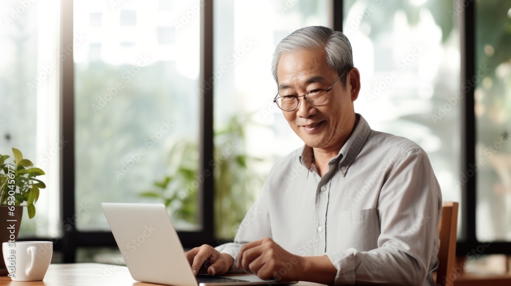 Happy old man positive, Portrait Asian Senior man and eyeglasses using ...