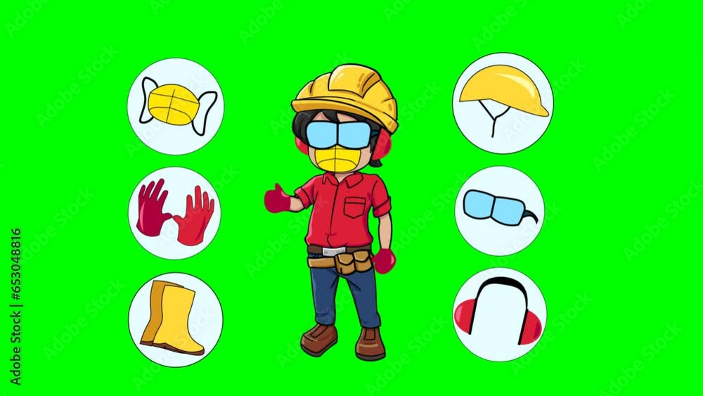 2D Animated Cartoon Man Using Safety Equipment While Working - Green ...