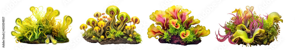 Collection of marine coral reefs of algae and mosses, isolated on a ...