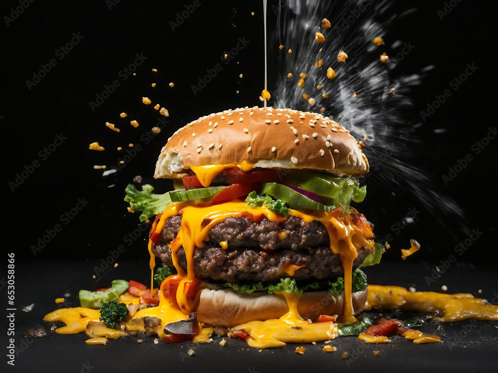 Exploding burger with vegetables and melted cheese on black background ...