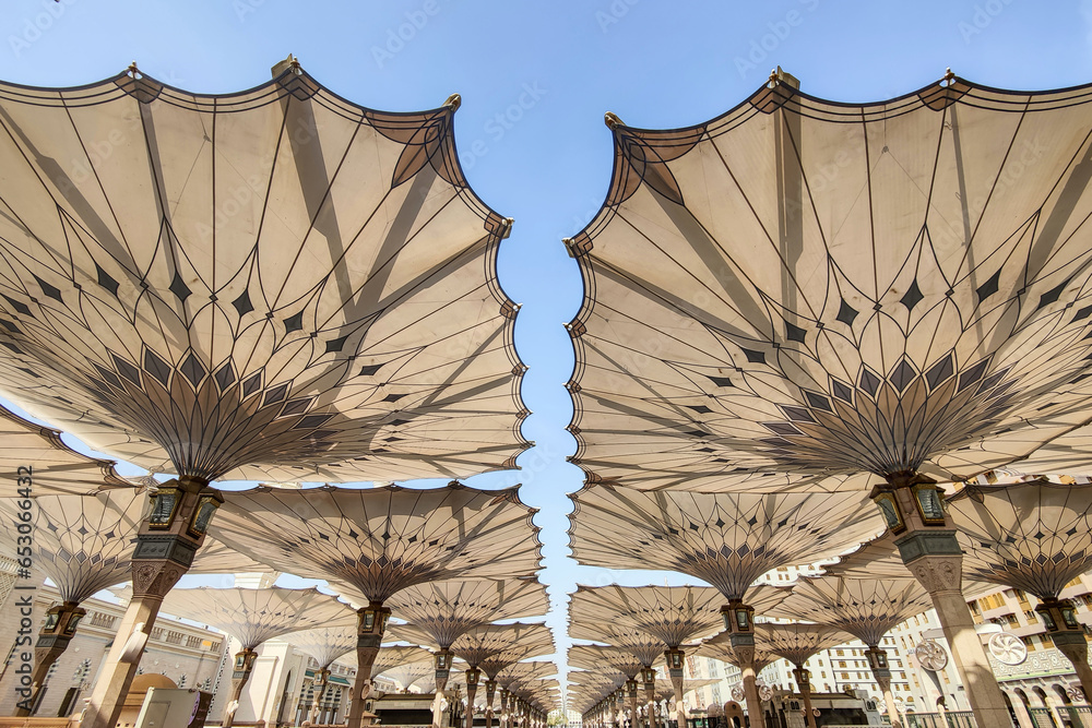 Courtyard of the Al Haram or Al-Masjid an-Nabawi mosque in Medina Saudi ...