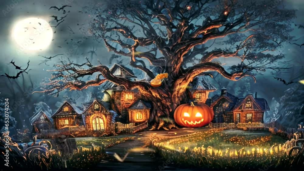 Scary Halloween Night: Ghosts and bats surround the moonlit haunted ...