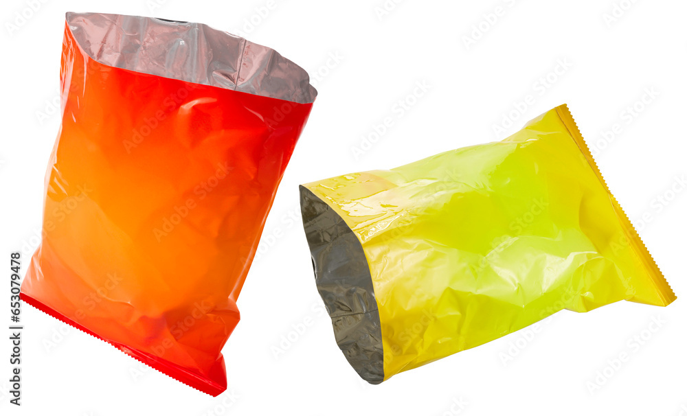 Empty Foil and plastic snack bags mockup isolated on white background ...