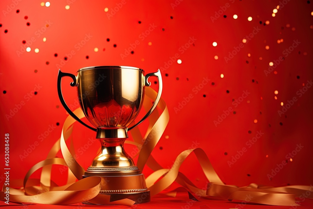 Golden trophy and streamers in sport competition with red background ...