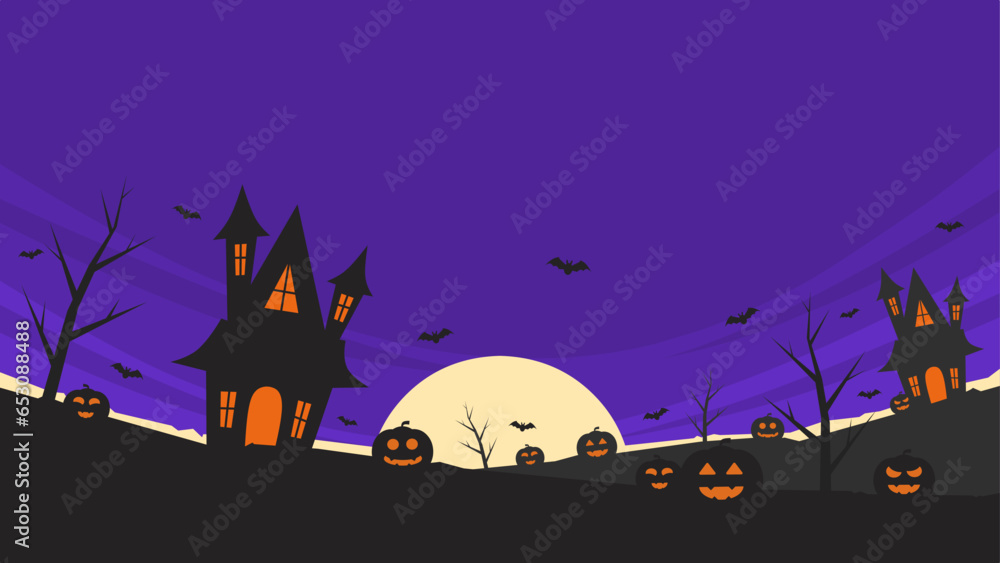 purple halloween background vector illustration with haunted house and ...