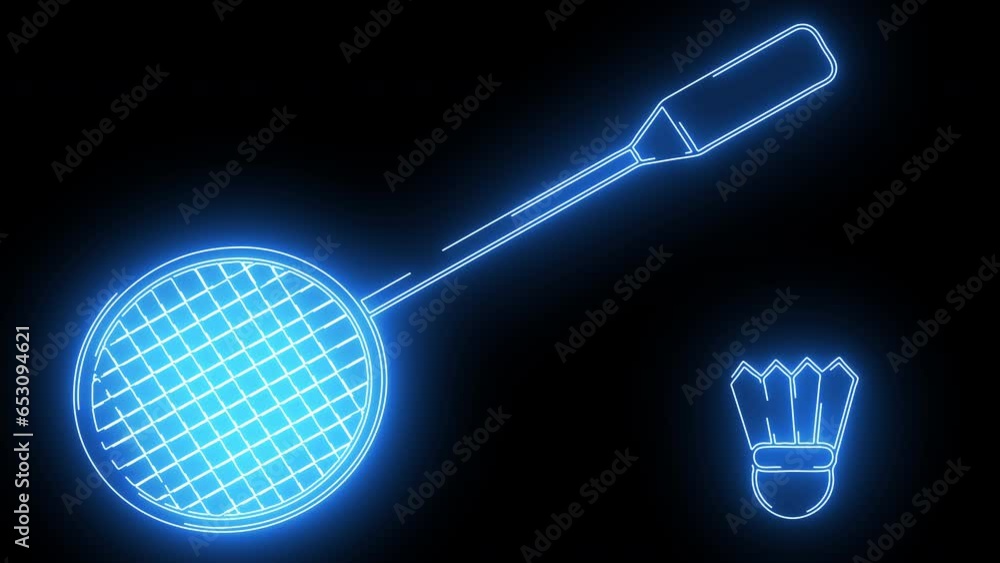 Badminton racket and shuttlecock logo animation with glowing neon lines ...