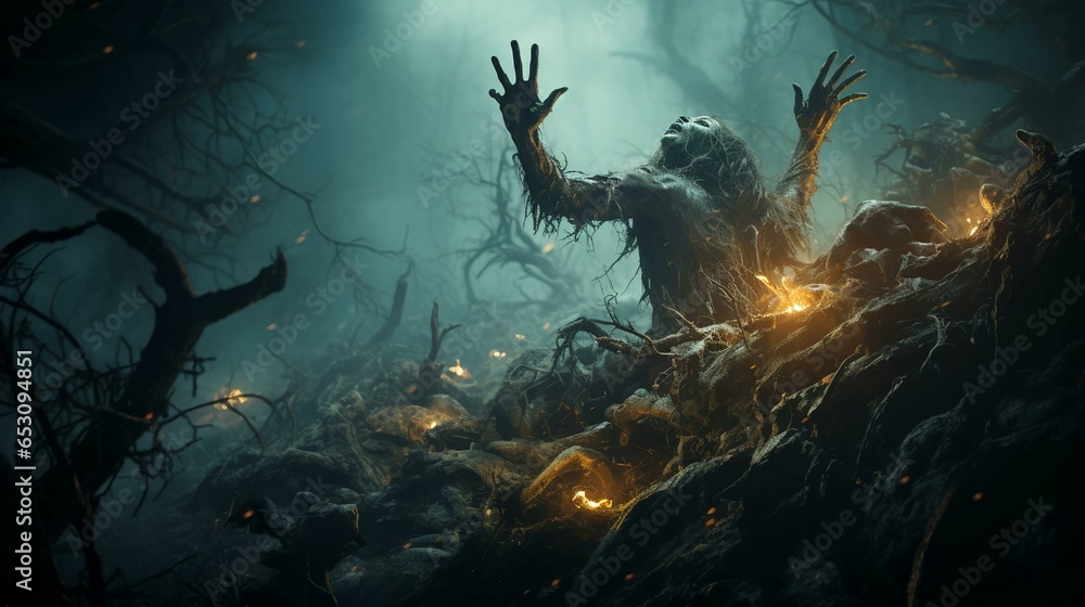 Zombies rise from the dead in a dark scary forest at night and pull ...