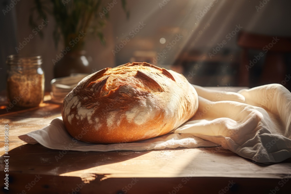 Fresh crispy bread at sunlight, round artisan bread on wooden table in ...