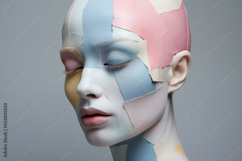 Fashion model woman skin face in colored paint pastel tones, beautiful ...