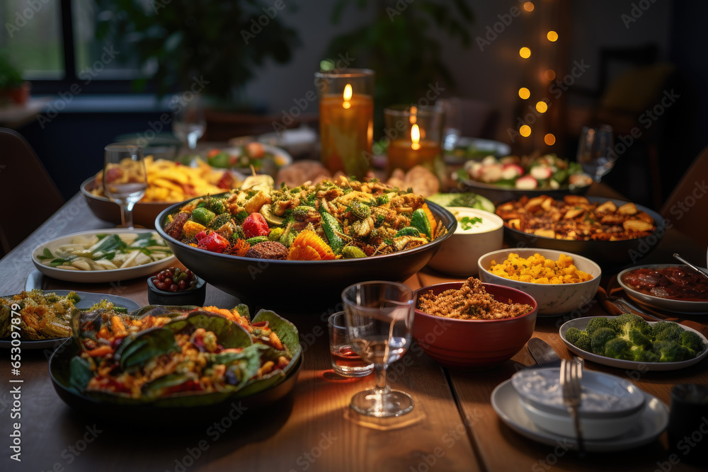 A neighborhood potluck dinner featuring dishes from diverse backgrounds ...
