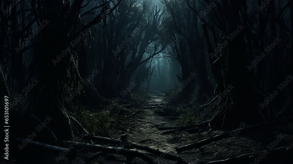 a shadowy, haunted forest path with eerie, glowing eyes peering from ...