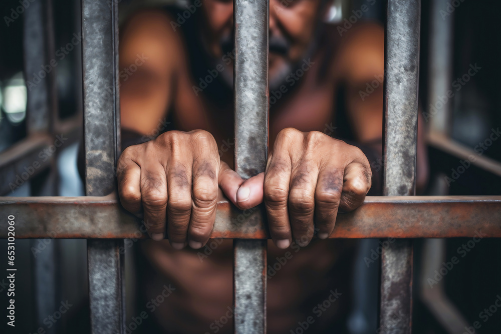 The male prisoner grabbed the prison bars with his hands. The pain and ...