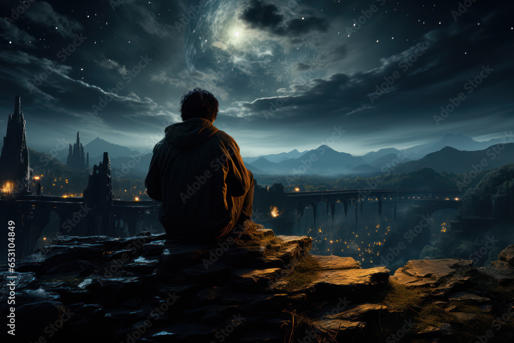 A solitary figure gazing at the stars in a dark night sky, pondering ...