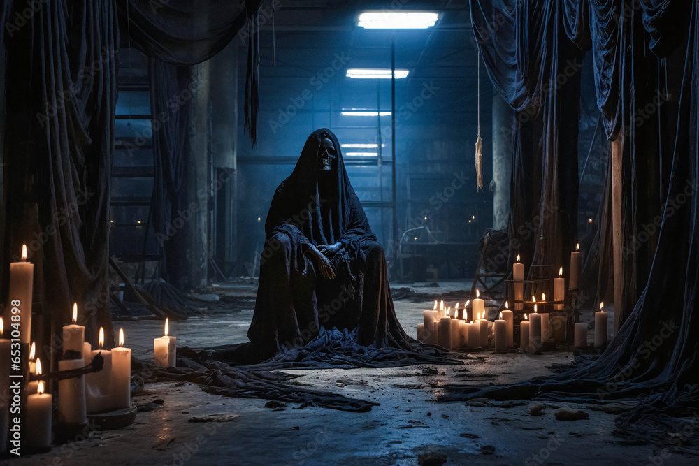 Grim reaper sitting in the dark moody environment Stock-Foto | Adobe Stock