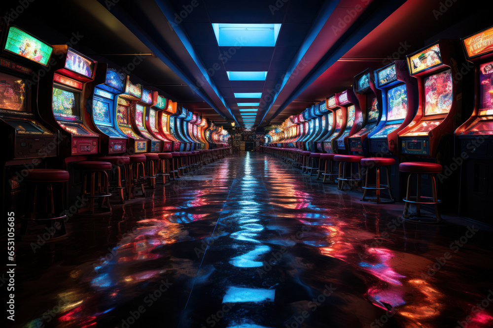 A classic arcade with vintage video game cabinets, evoking nostalgia ...