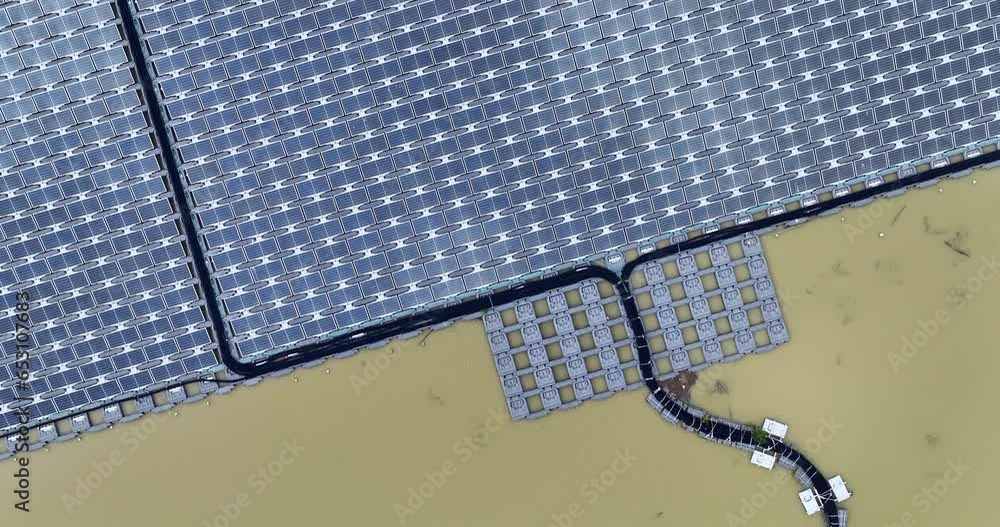 Solar panels floating in a lake seen from a drone perspective,View of ...