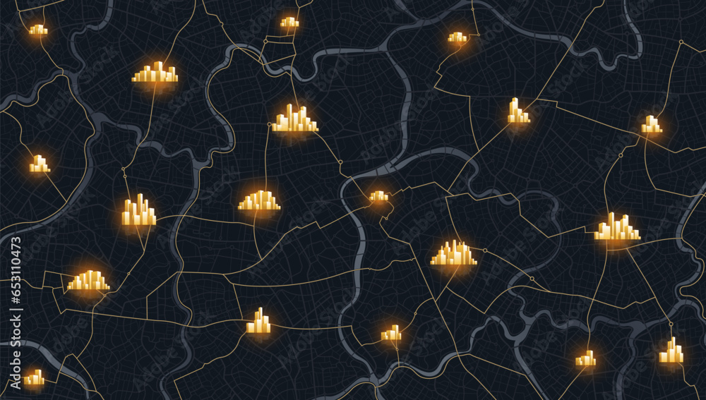 Abstract Map city. Multiple destinations with location system ...