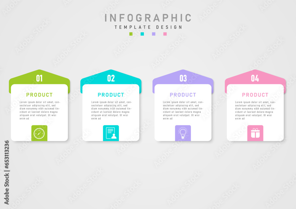 Infographic template with simple multi-colored acute angle squares on ...