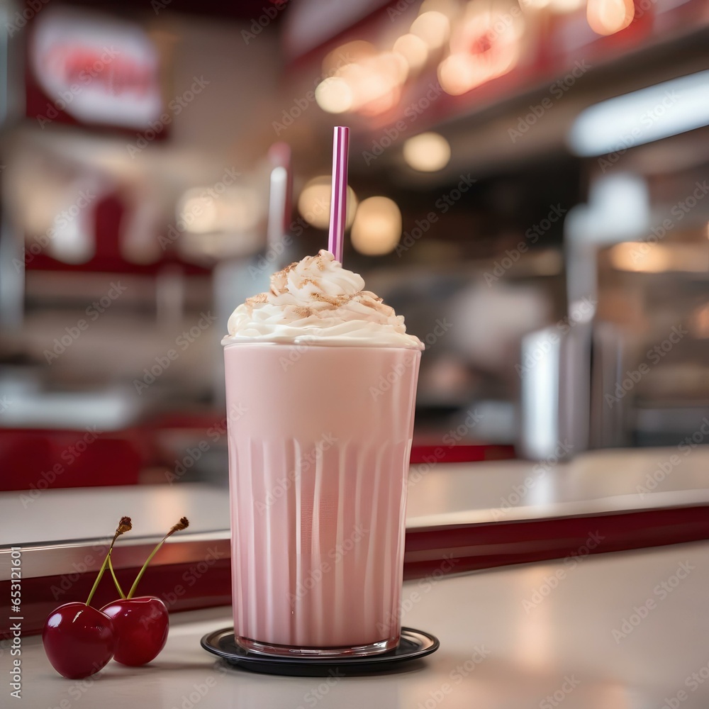 A classic diner counter with a milkshake in a tall glass and a cherry ...