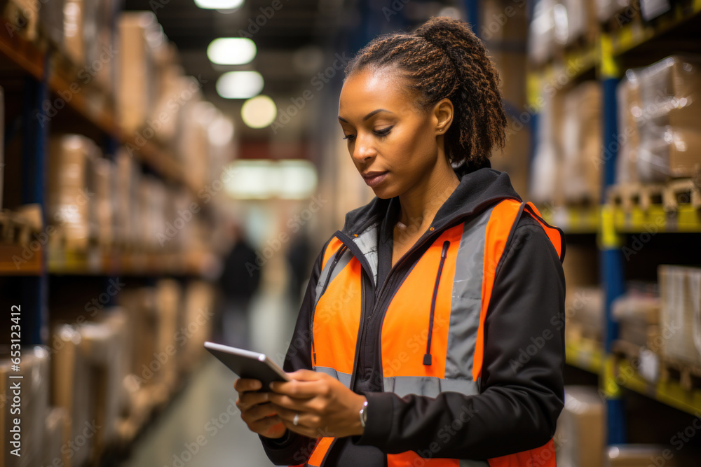 Female warehouse employee looking at an inventory list on a digital ...