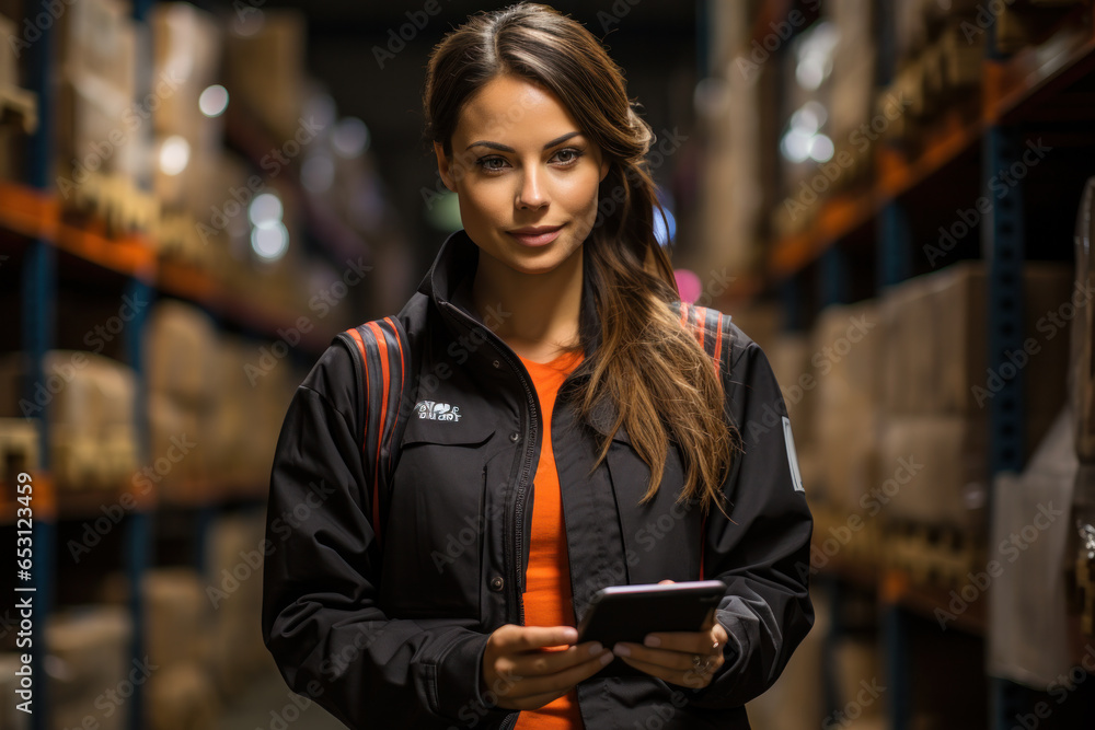 Female warehouse employee looking at an inventory list on a digital ...
