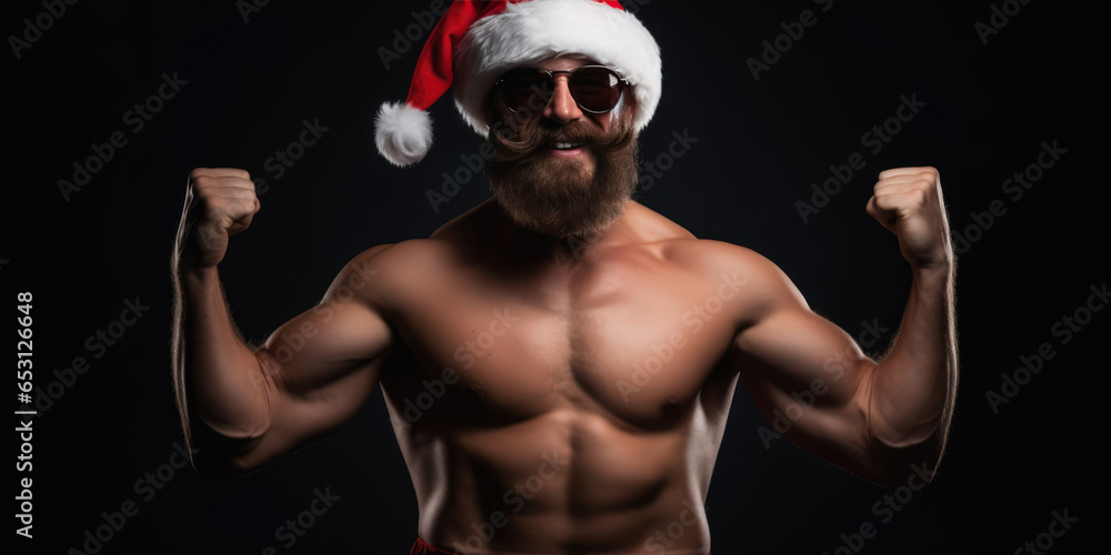 Young Muscular Santa Claus. Muscular Man with a red Santa Hat and ...