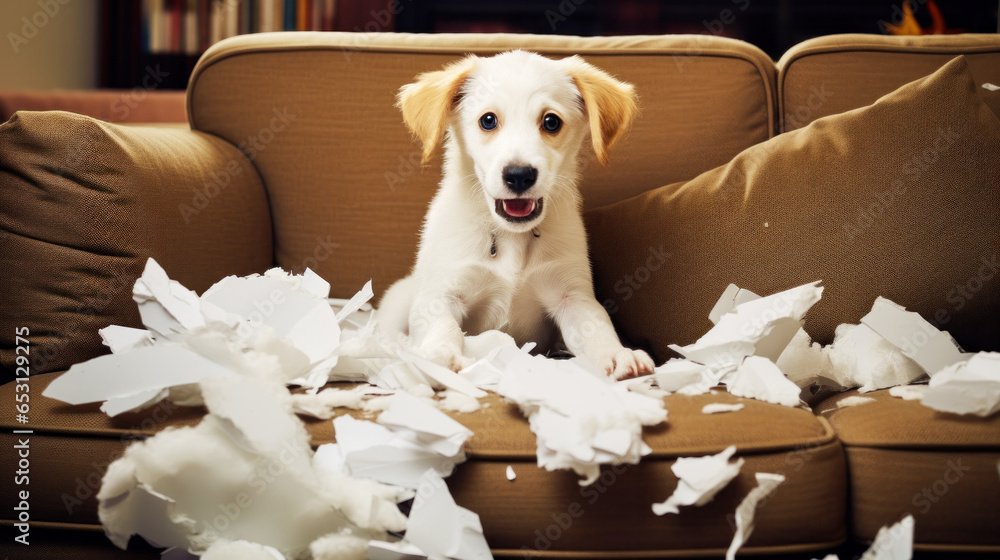 Dog destroyed sofa cushion while was home alone, destroyed living room ...