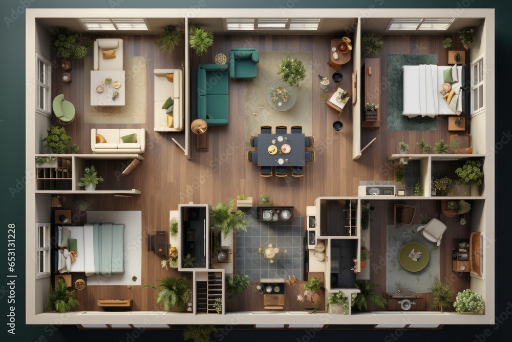 Top view layout plan of modern home. Architectural floor plans of fully ...