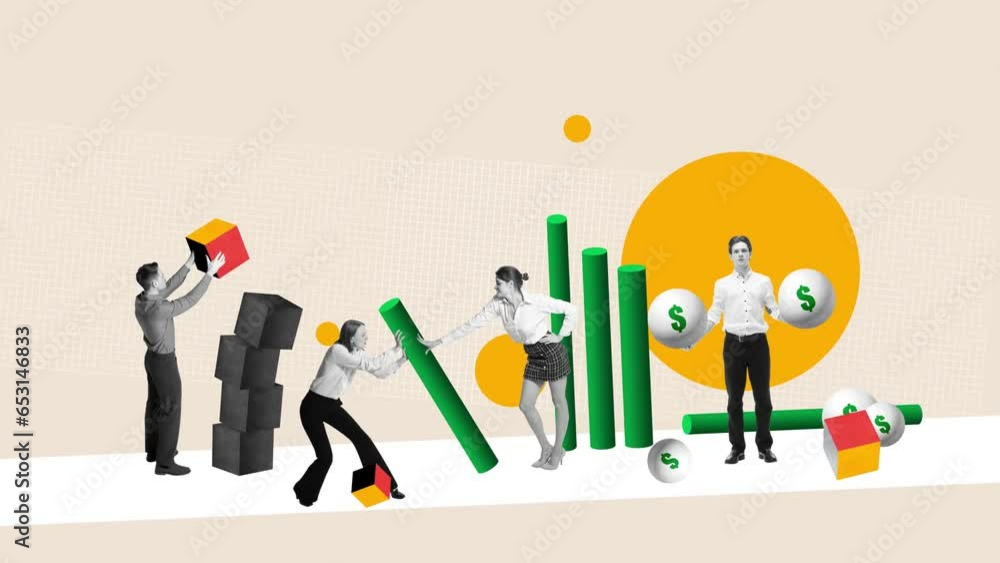 Stop motion, animation. Employees working in office, reaching ...